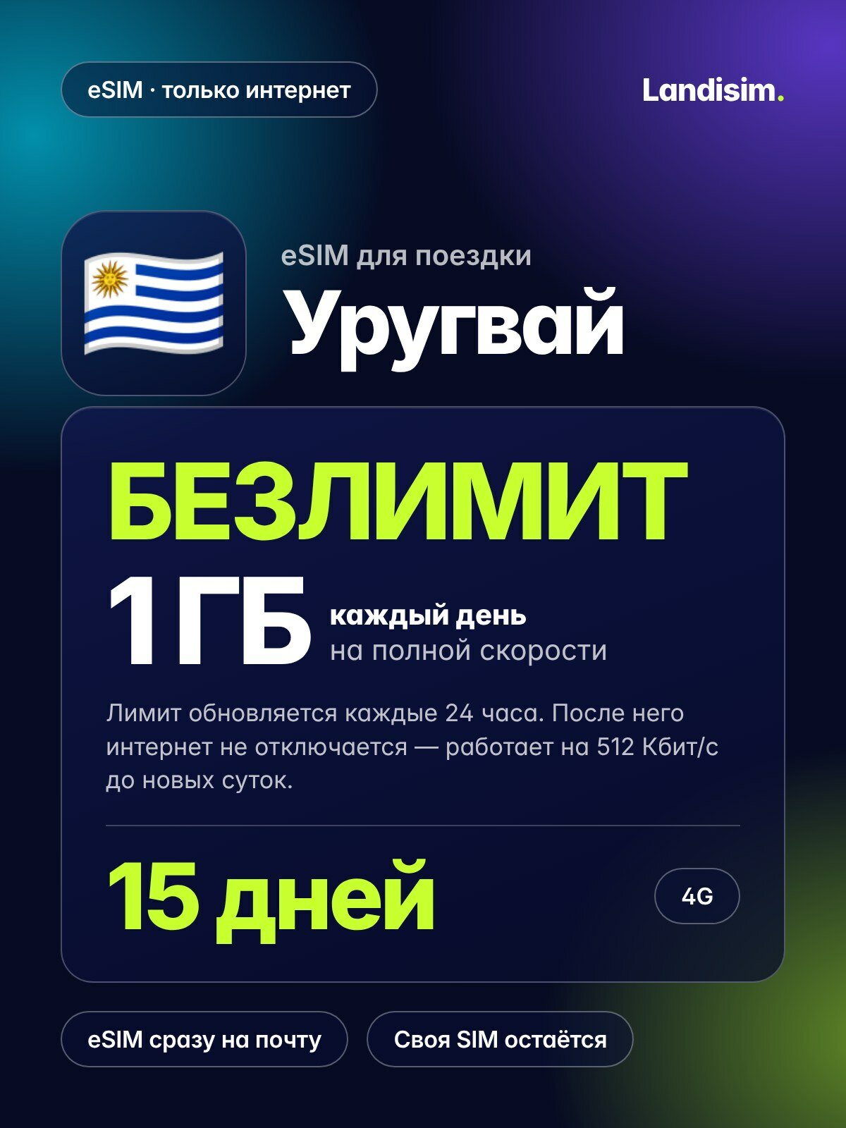 ESIM Уругвай безлимит 1 ГБ в день на 15 дней, мобильный интернет Landisim