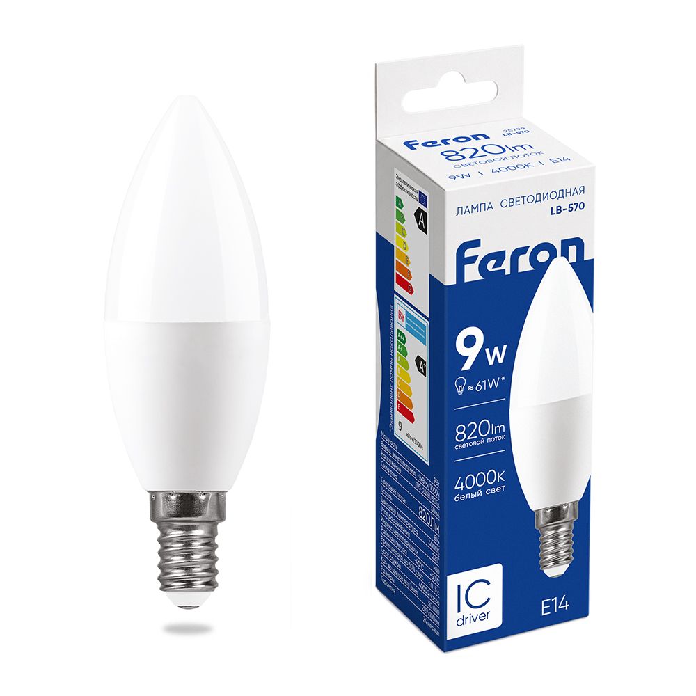 Лампа светодиодная LB-570 Свеча E14 9W 175-265V 4000K комплект 3 штуки, FERON 25799