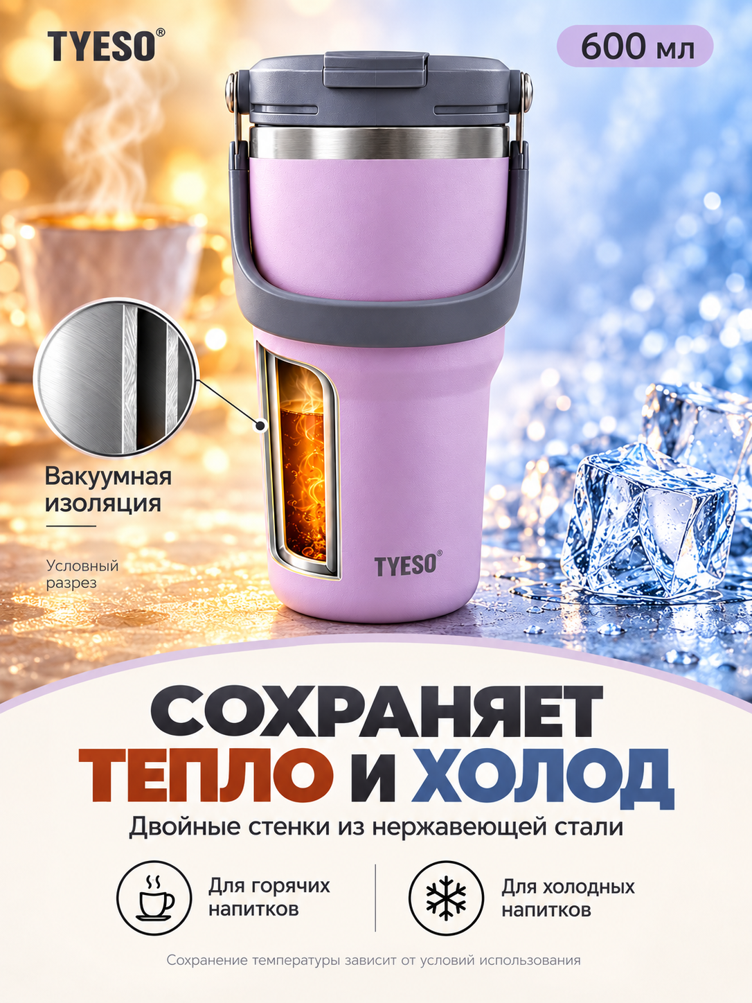 Термокружка TYESO 600 мл из нержавеющей стали, с трубочкой, поильником и ручкой, фиолетовая