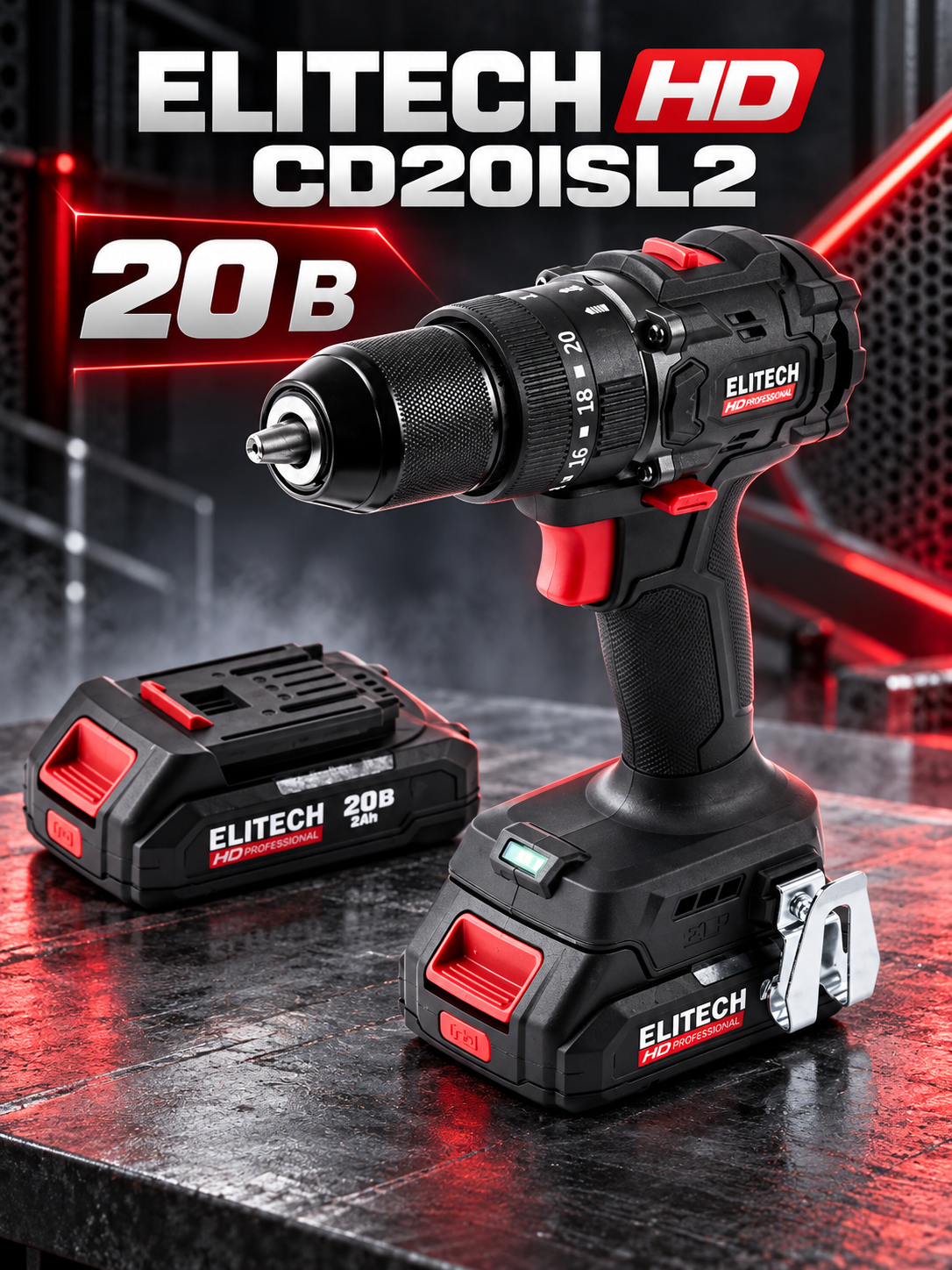 Дрель-шуруповерт аккумуляторная Elitech HD CD20ISL2, 20 В Li-ion 2x2 Ач
