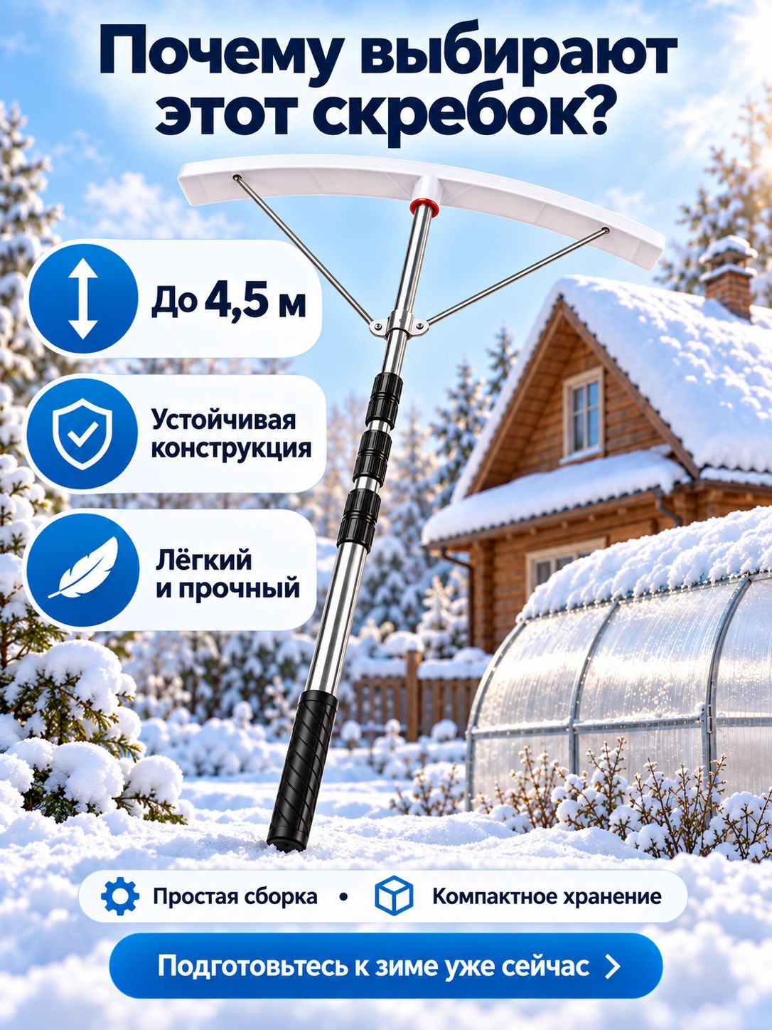 Скрепер для уборки снега (лопата) 79 см, пластиковый, с ручкой, для авто и дома
