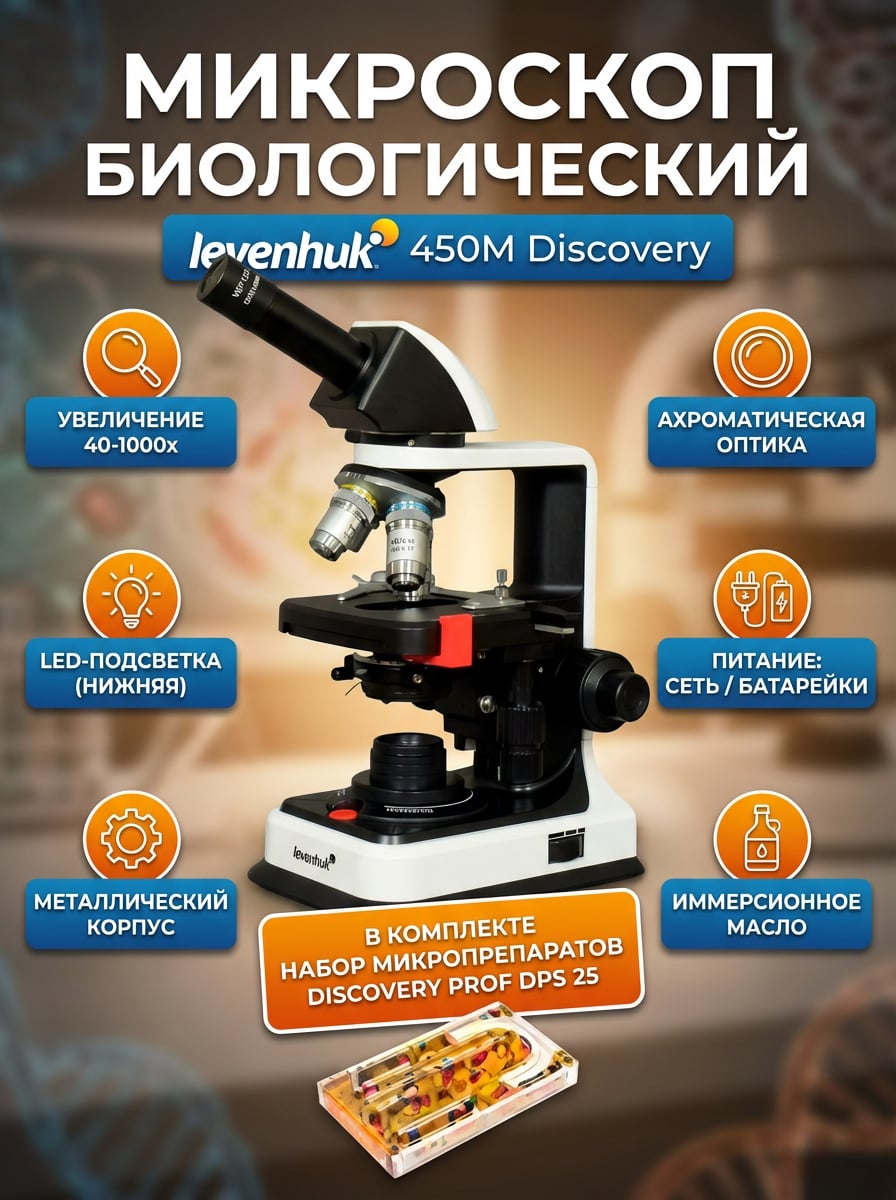 Микроскоп монокулярный Levenhuk 450M в комплекте с набором микропрепаратов Levenhuk Discovery Prof DPS 25. Биология, Птицы и др.