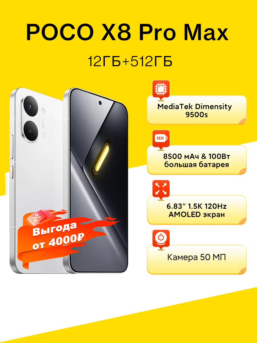 Смартфон Xiaomi POCO X8 Pro Max 12/512ГБ Белый, Флагманский Dimensity 9500s, 8500 мАч IP69 1.5K 120 Гц дисплей, eSIM