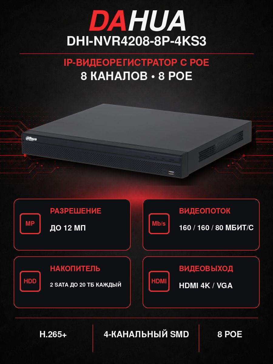 Dahua DHI-NVR4208-8P-4KS3 - IP-видеорегистратор, запись до 12 Мп