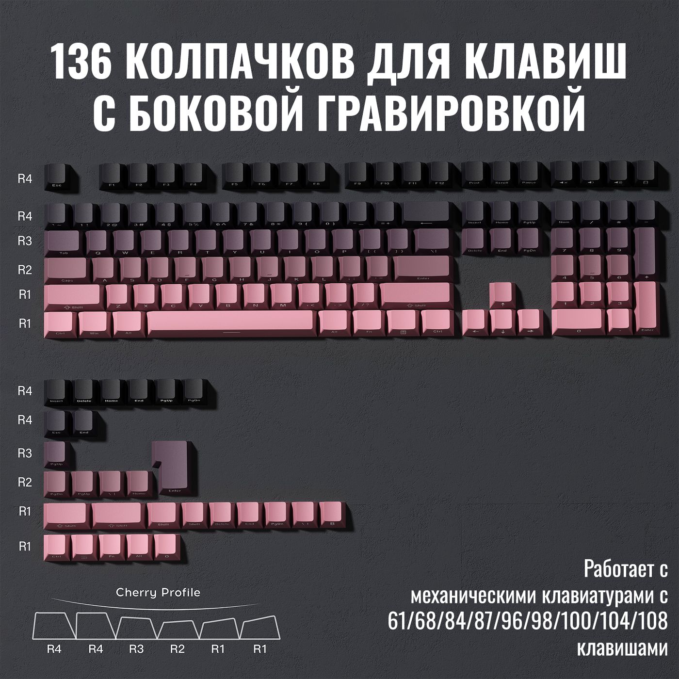 Kейкапы для механической клавиатуры, 136 колпачков для клавиш с боковой гравировкой, Cherry профиль, XVX Серия "Градиент Цвет", чёрно-розовые