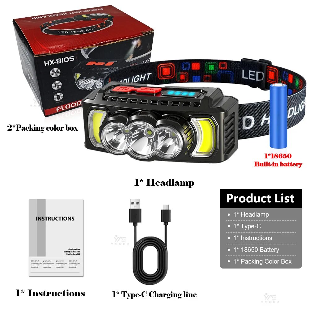 Водонепроницаемый налобный фонарь XPE+XPG+COB, USB зарядка, 18650 аккумулятор 1pc