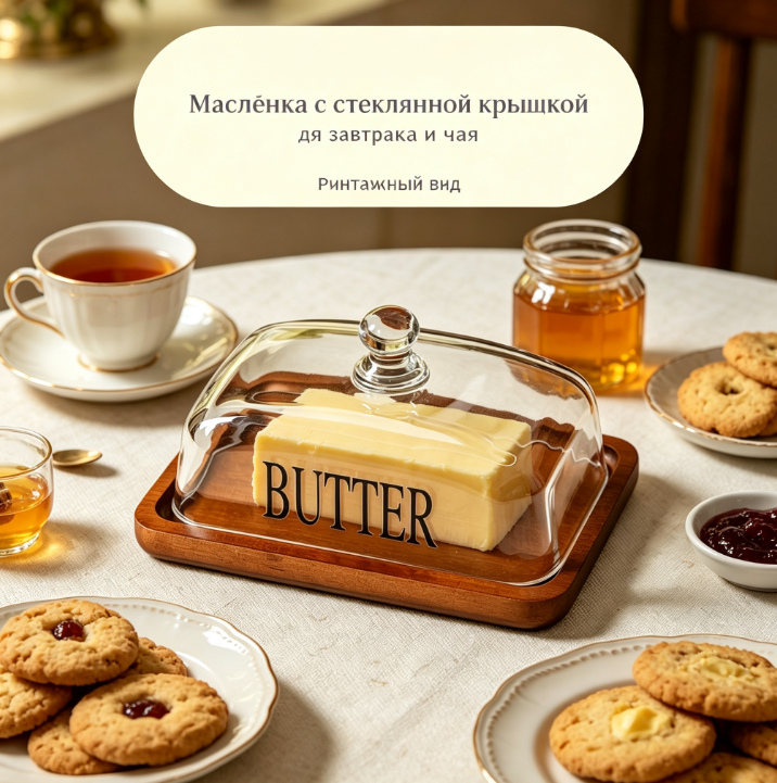 Масленка с стеклянной крышкой, деревянное основание, контейнер для сливочного масла и сыра, кухонная посуда для