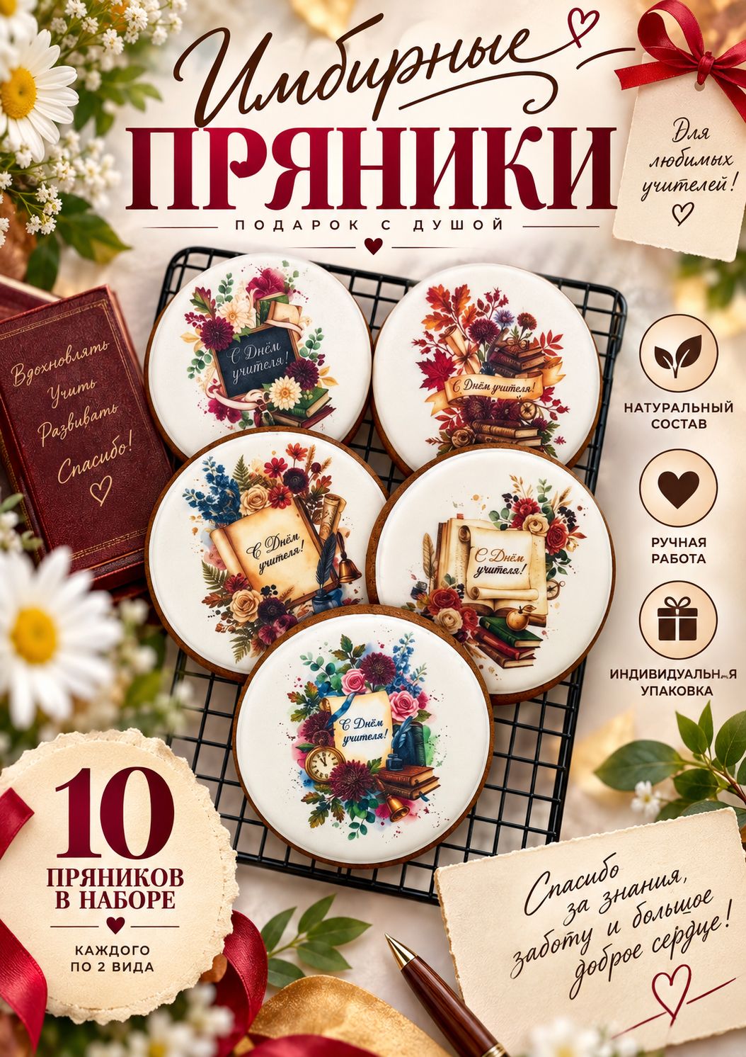 Имбирные пряники на День Учителя, 10 штук в наборе