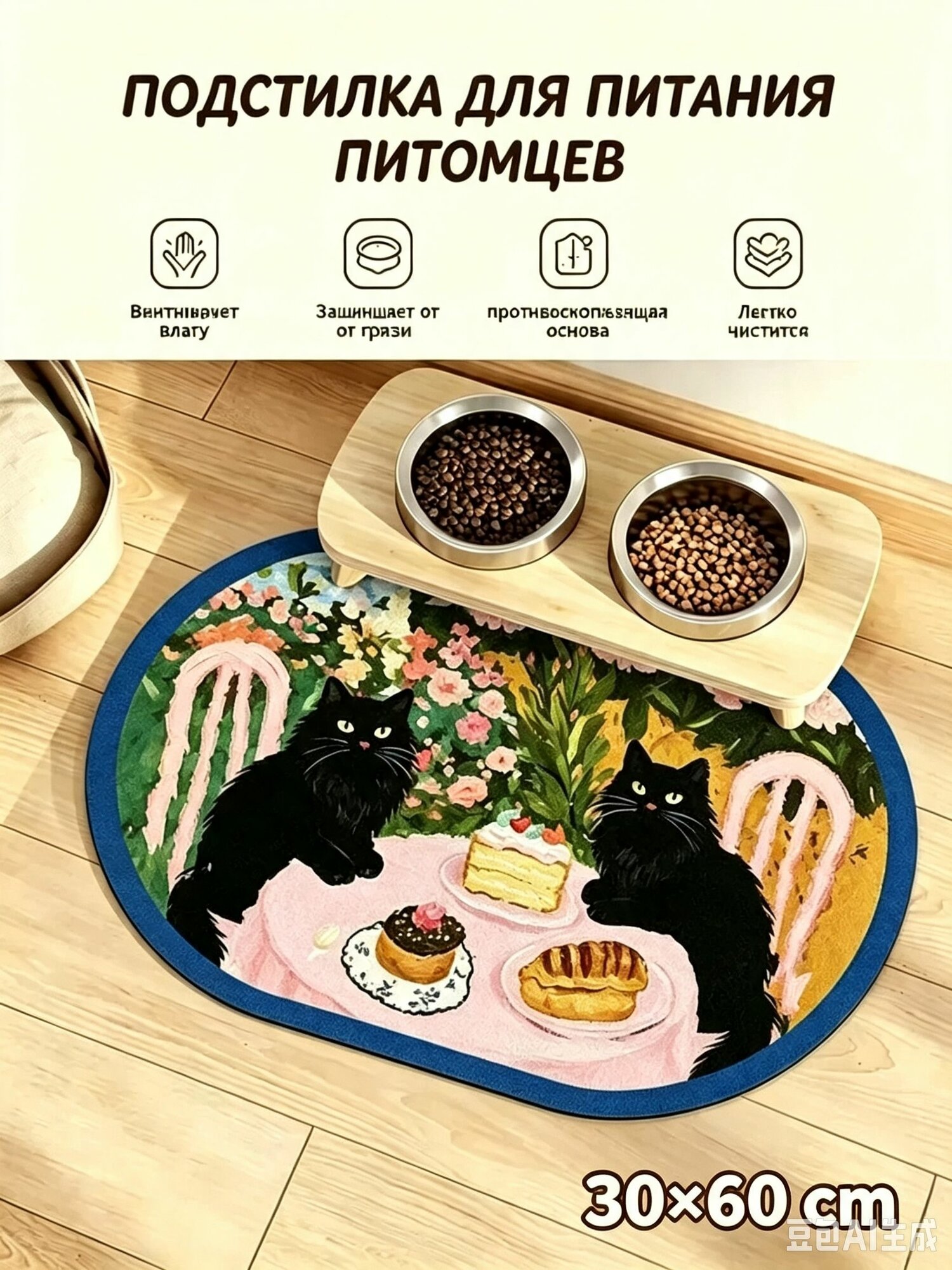 Диатомитовый коврик под миску для кошек и собак, 30х60 см