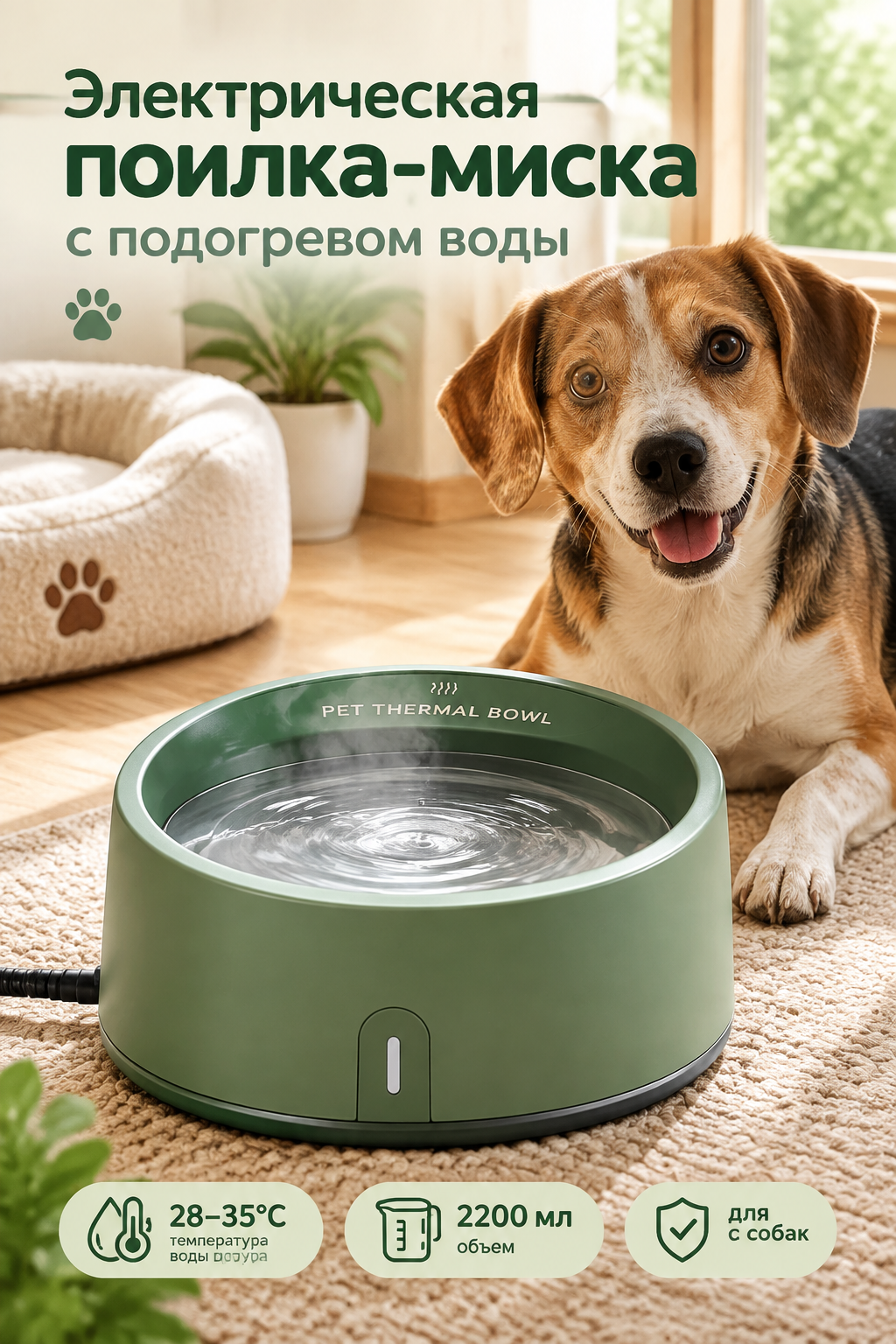 Электрическая поилка-миска для собак с подогревом воды, 2,2 л