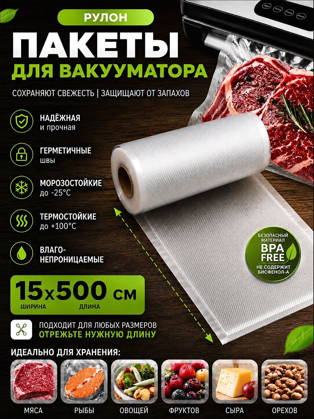 Пакеты для вакууматора, 15х500 см, 1 рулон, полиэтиленовые, универсальные, кухонные