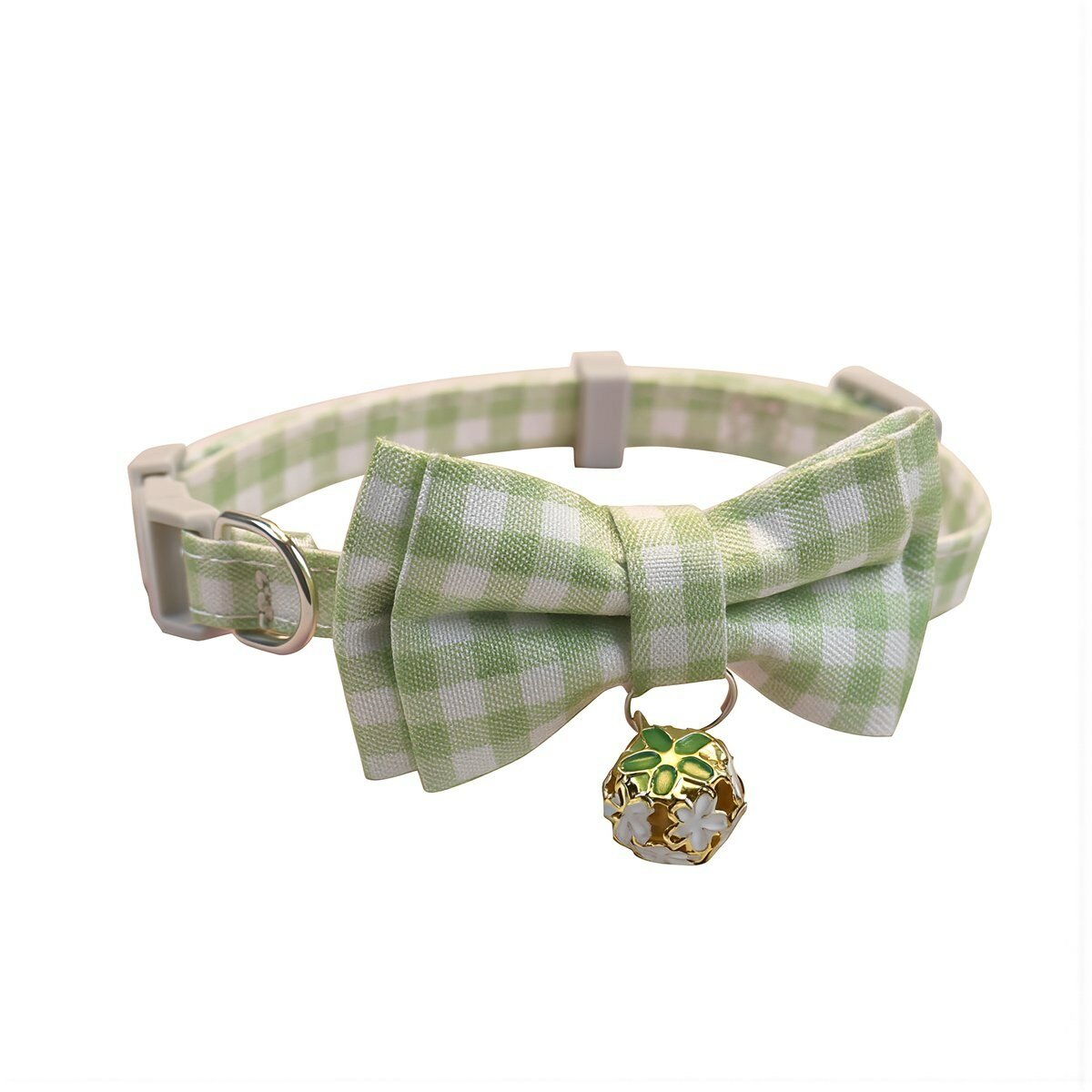 Тканевый ошейник с принтом клетки розовый для кошек с мягким бантом и колокольчиком удобный для повседневных прогулок маленьких собак