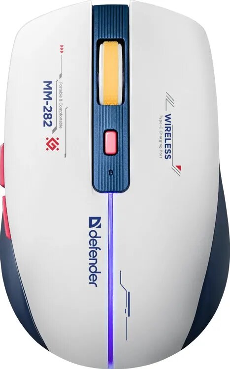 Мышь беспроводная Defender Dila MM-282, игровая, радио, оптическая, USB, 1800dpi, белый и синий