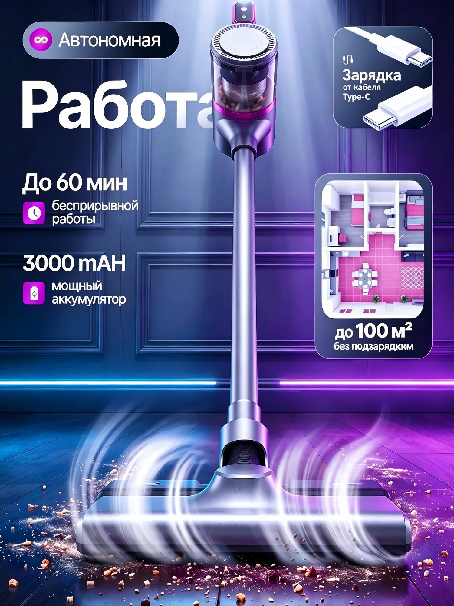 Пылесос вертикальный беспроводной моющий 2в1 для сухой и влажной уборки