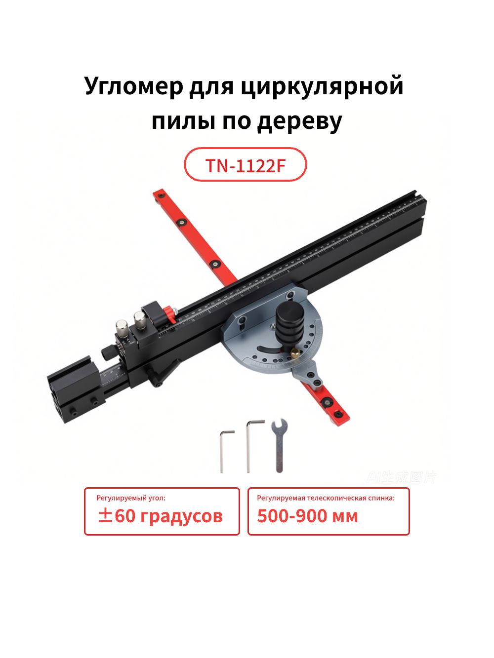 Угловой упор для циркулярной пилы по дереву, модель TN-1122F, угол 60 градусов, телескопическая спинка 500-900 мм, совместим с пазами 19 мм, направляющими 3/4 дюйма;