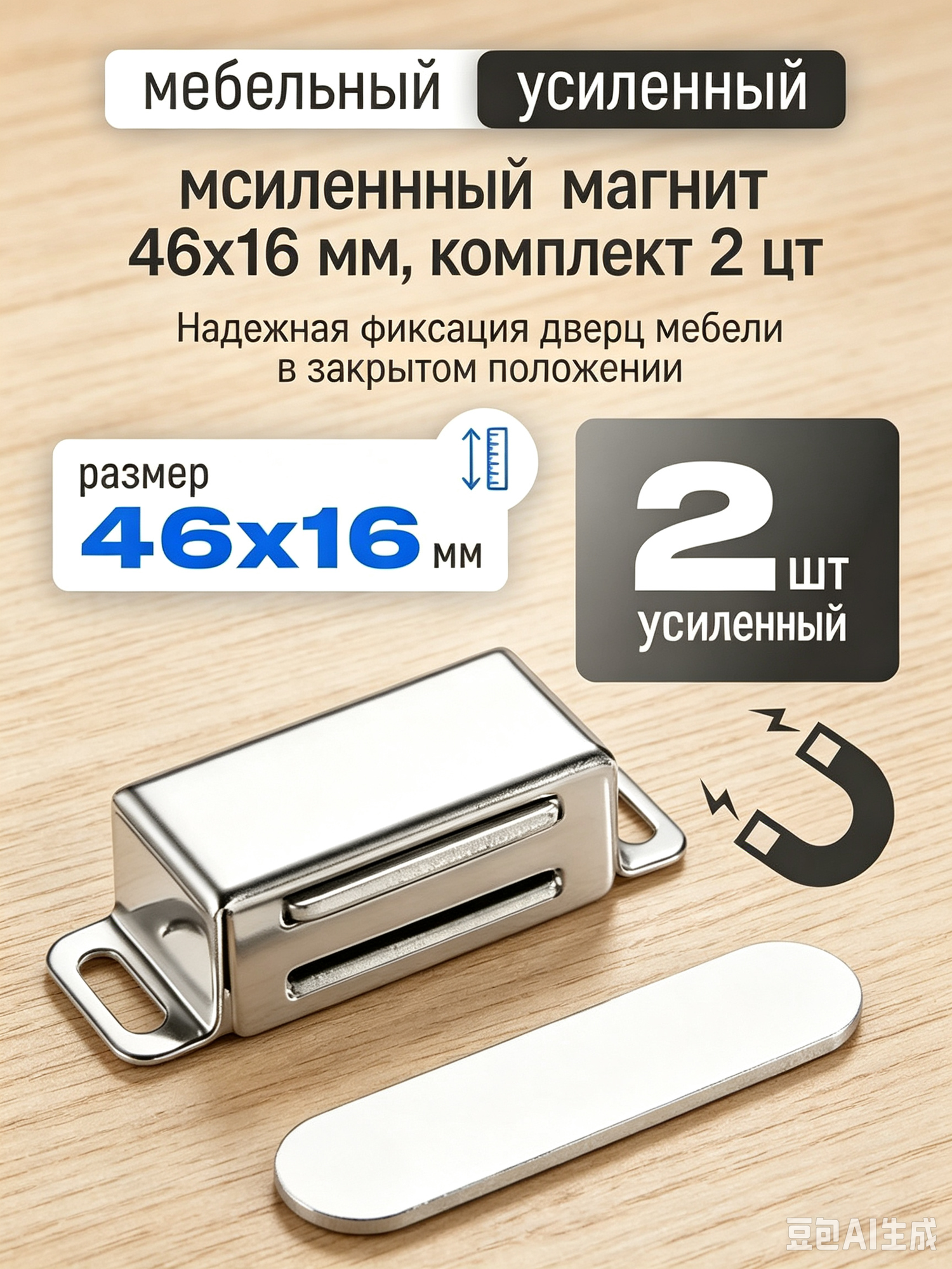 Мебельный усиленный магнит, набор 2 шт, 46×16 мм, металлическая магнитная защёлка для шкафов и дверц, сильное притяжение