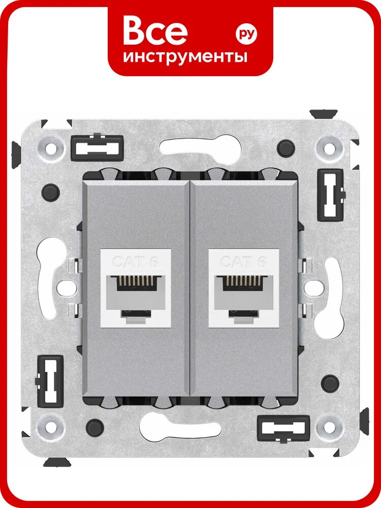 Компьютерная розетка DKC RJ 45, без шторки, в стену, кат.6, двойная, Avanti, Закаленная сталь, 1 шт. 4404694