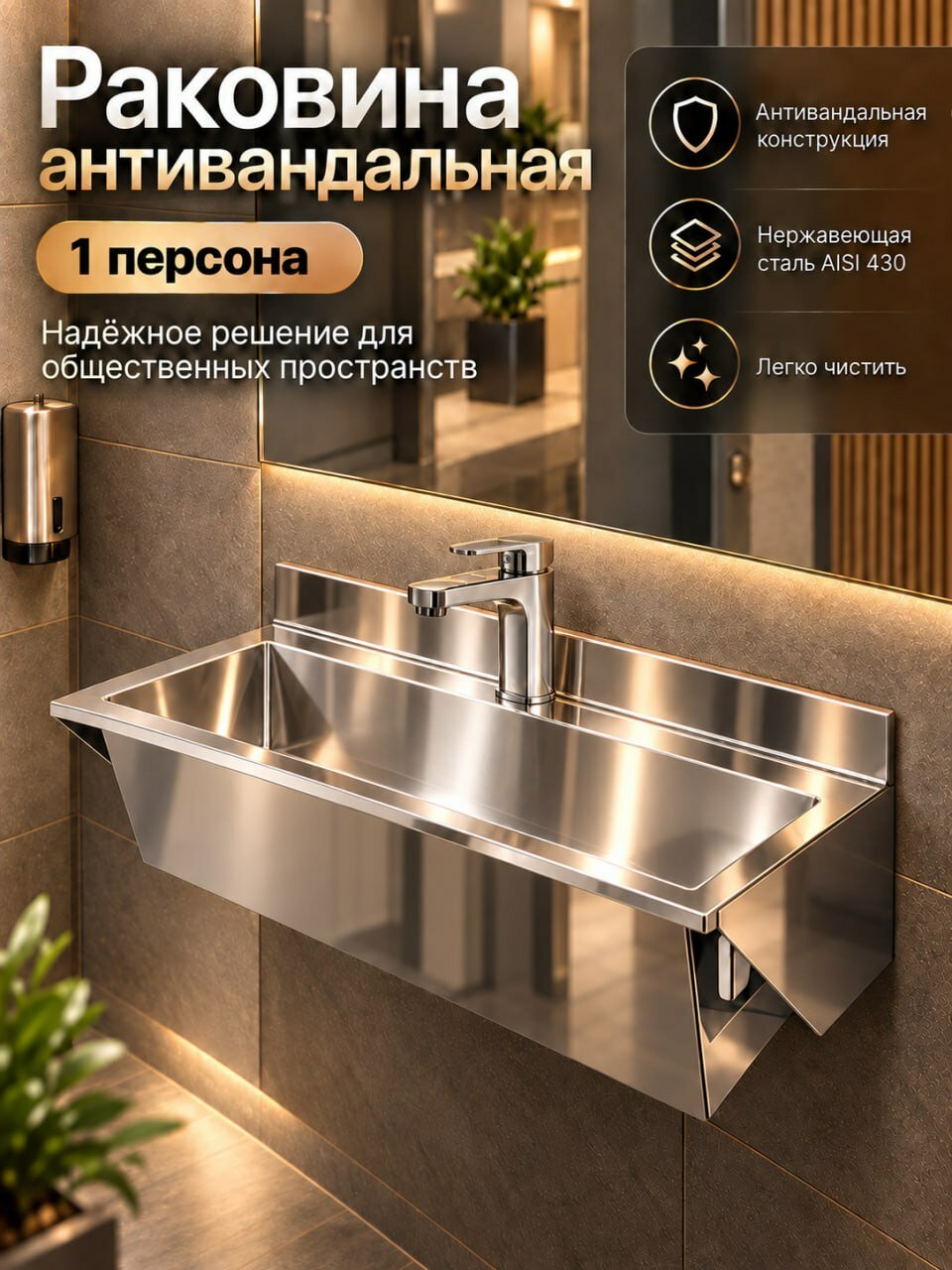 Раковина коллективная, 1 персона, 550х405х200, подвесная, настенная из нержавеющей стали