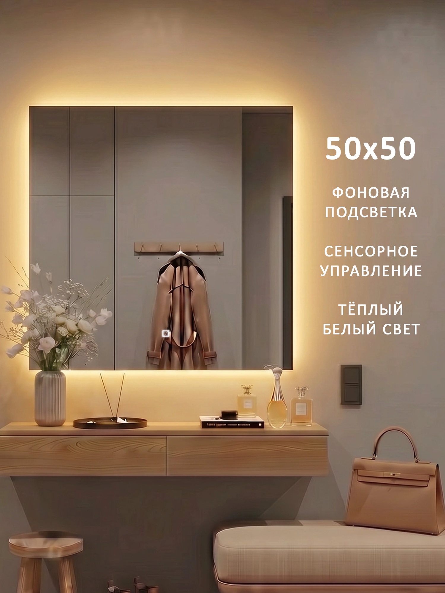 Зеркало настенное в прихожую Alias Квартал 50*50, тёплая LED-подсветка, сенсор