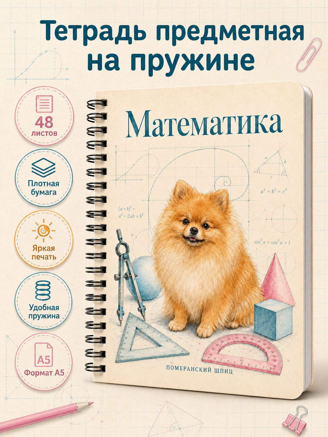 Тетрадь предметная в клетку Математика, на пружине, 48 листов