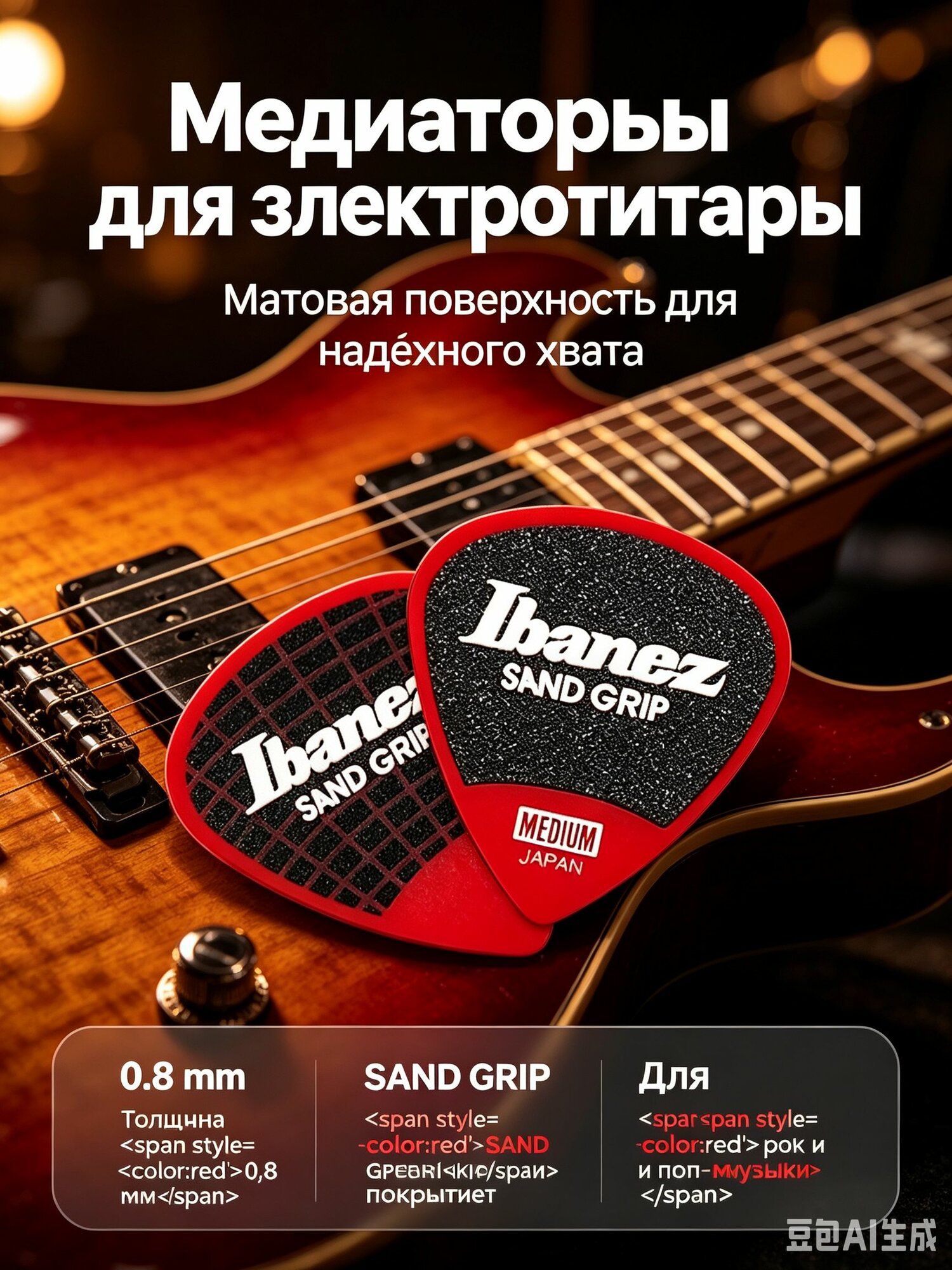 Гитарные медиаторы Ibanez 0.8мм антискользящие красный, Устойчивы к истиранию, сохраняют форму при интенсивной игре, Для более качественного исполнения музыки