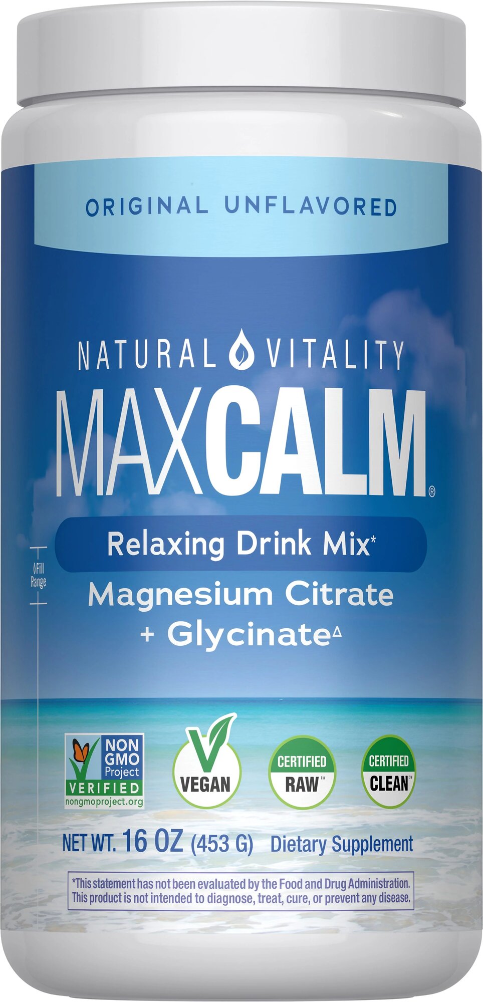 Natural Vitality MAXCALM магний цитрат + глицинат, без вкуса, 453 г