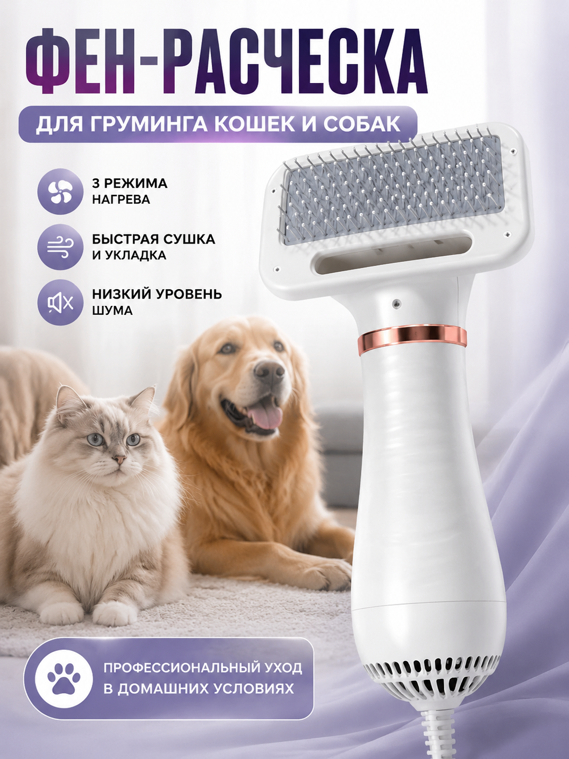 Фен-расческа для груминга кошек и собак, 3 режима нагрева, 300 Вт