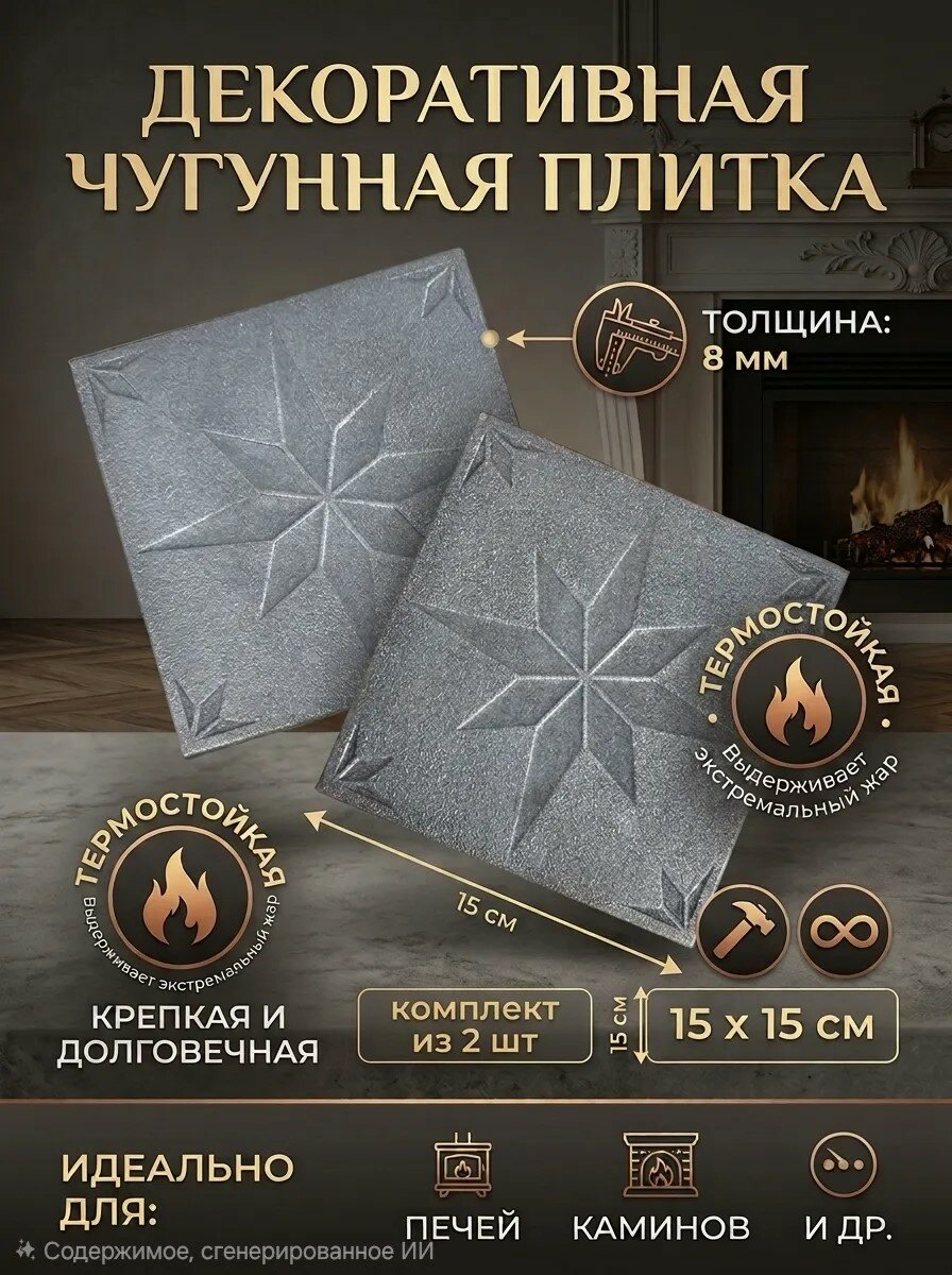 Плитка чугунная декоративная "Звезда" 15Х15см жаростойкая неокрашенная 2шт