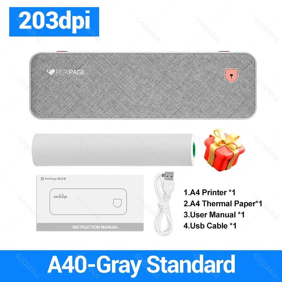 Термопринтер GZQIANJI Peripage A40 Bluetooth 203dpi Gray