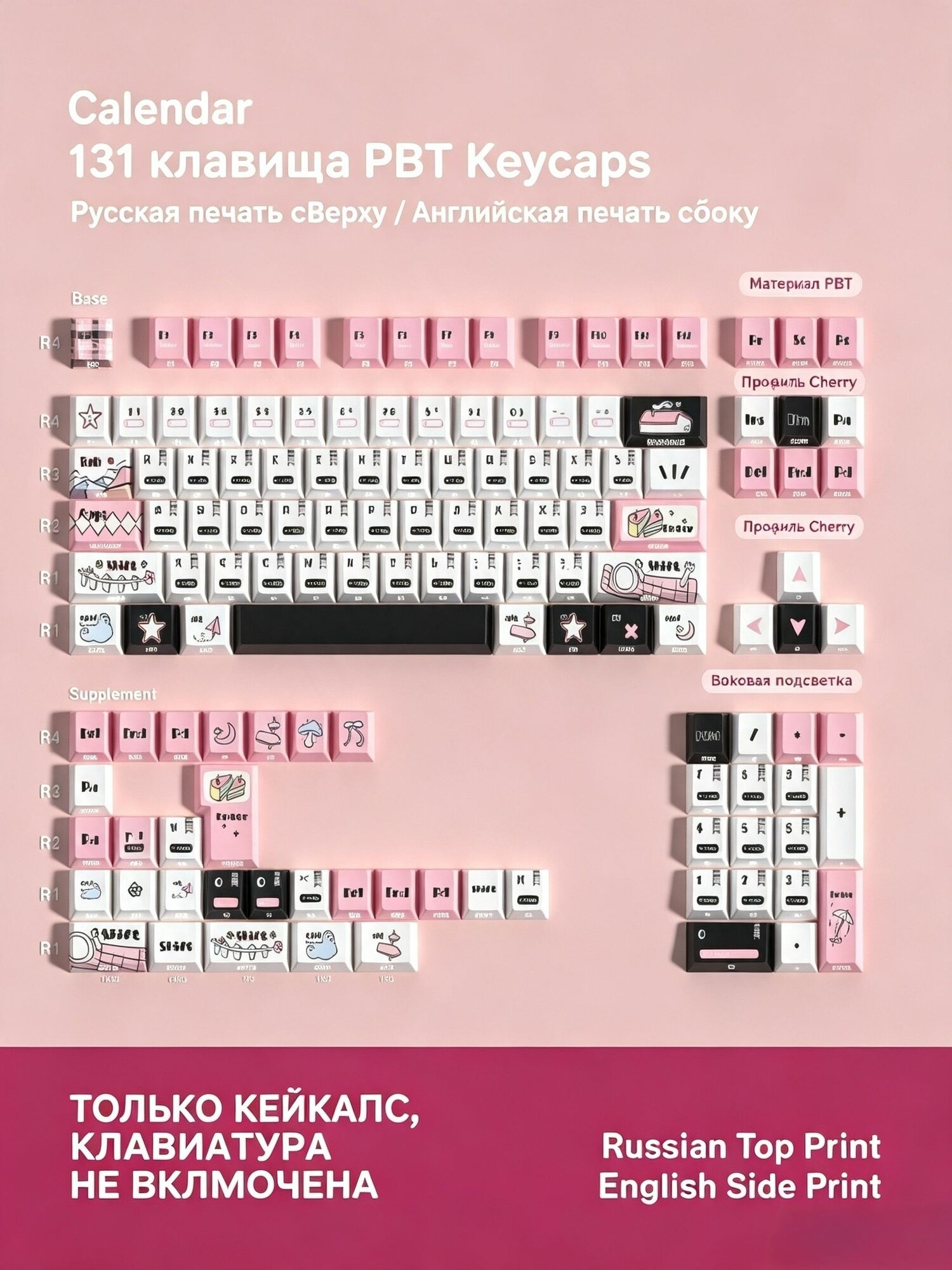 Набор кейкапов 131 шт, календарный дизайн, ПБТ, профиль Cherry, русская печать сверху