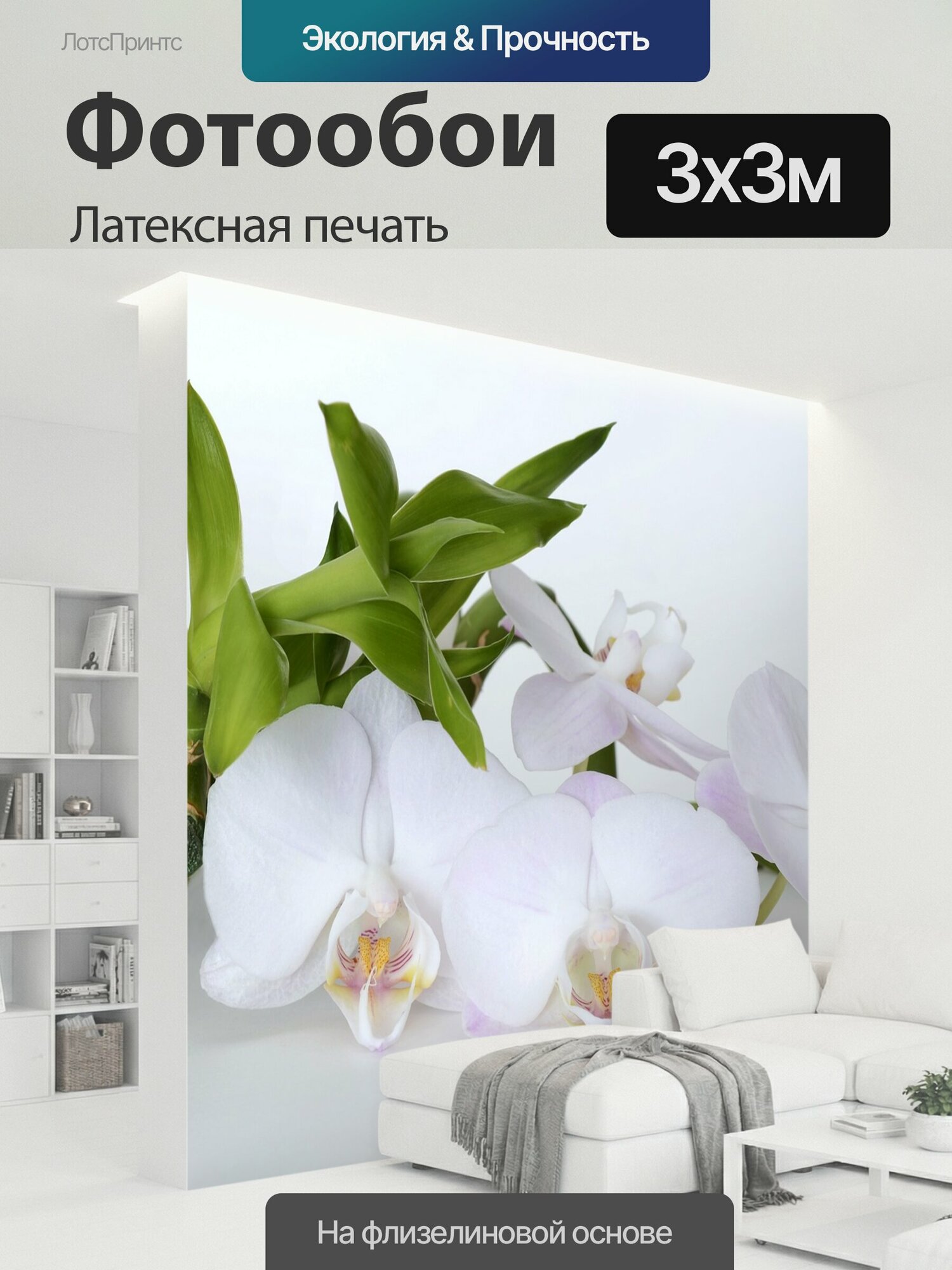 Фотообои моющиеся ударопрочные "Орхидея, орхидея цветок, бамбук" 300x300 см. латексная печать
