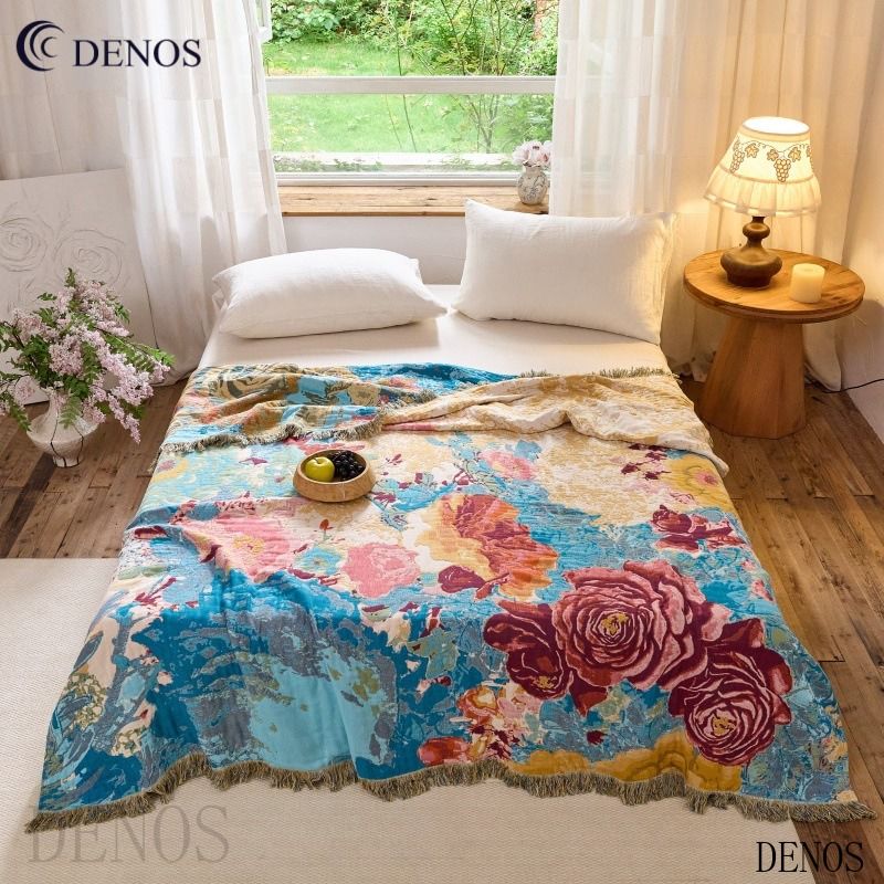 DENOS Плед 200x150 см перкаль жаккардовый геометрический синий