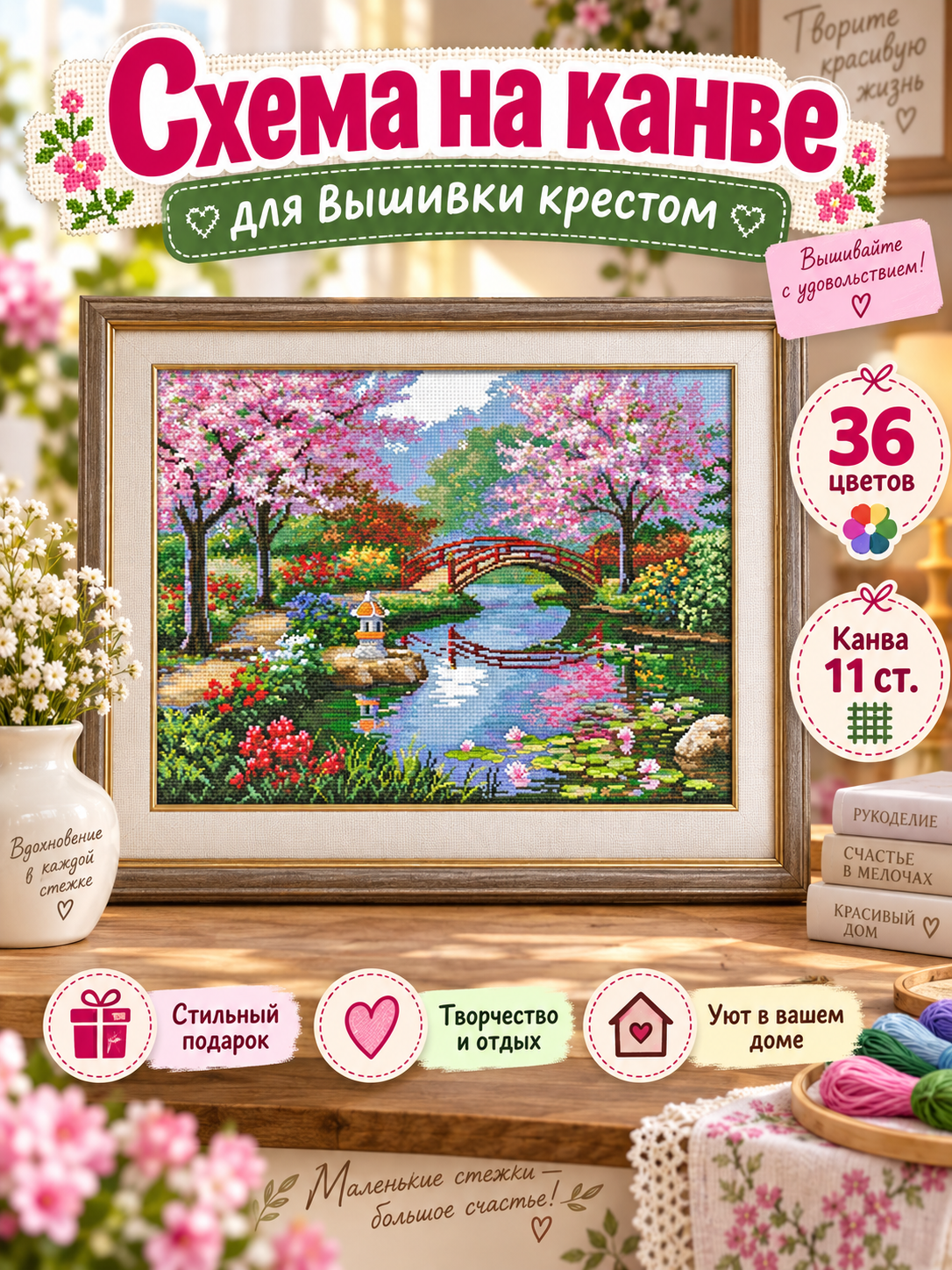 Набор для вышивания крестом, схема на канве "Весенний сад", 57*45 см