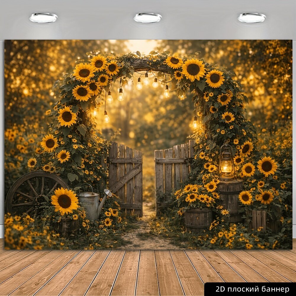 Плоская 2D фотозона-арка с дизайном состаренной деревянной двери и подсолнухами в лесном пасторальном стиле, декор с теплой гирляндой, керосиновой лампой, деревянным колесом и лейкой, прочный материал, без подключения к электросети, размер