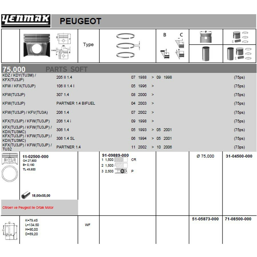 YENMAK 7108500000 71-08500-000 поршнекомплект! d75 поршень+гильза+кольца STD\Volvo D12C 420/460 Mark II, D12D 420/460