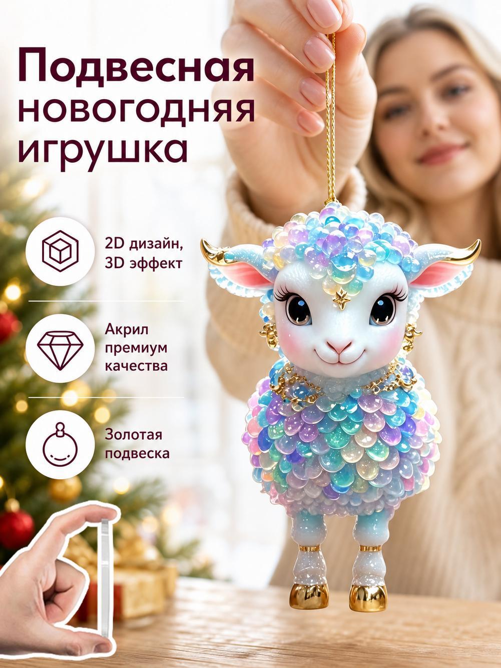 Елочное украшение из акрила в виде овечки с золотыми рогами, 8 см