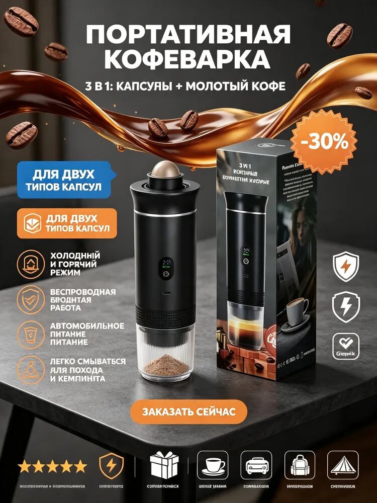Кофеварка капельная Портативная кофеварка с дисплеем температуры Компактная кофемашина для точного заваривания в любом месте, серый металлик, черный матовый