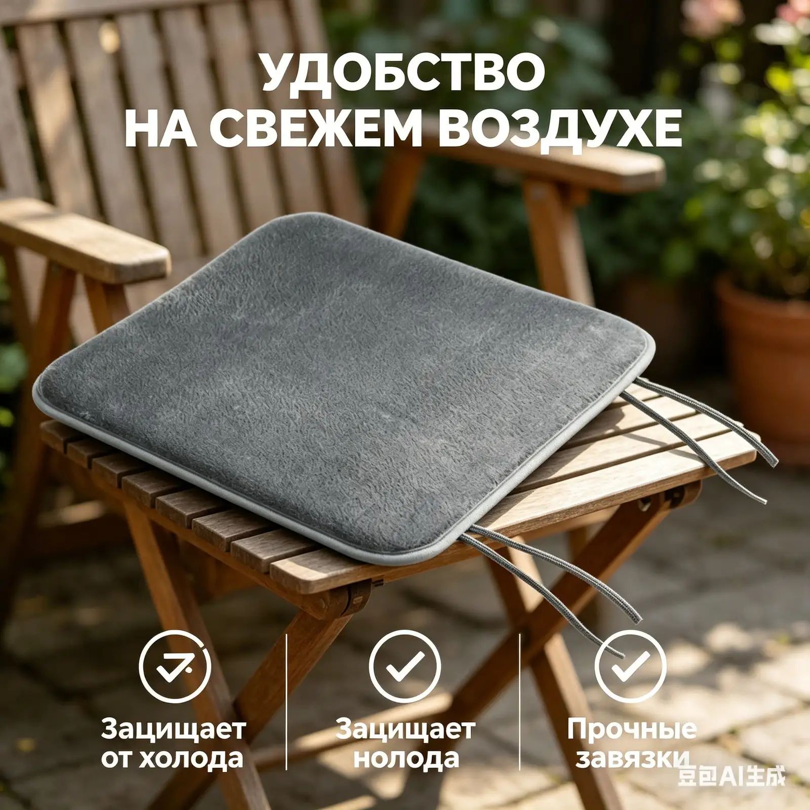 Подушка на стул 35x35 см 1 шт на завязках полиэстер серый