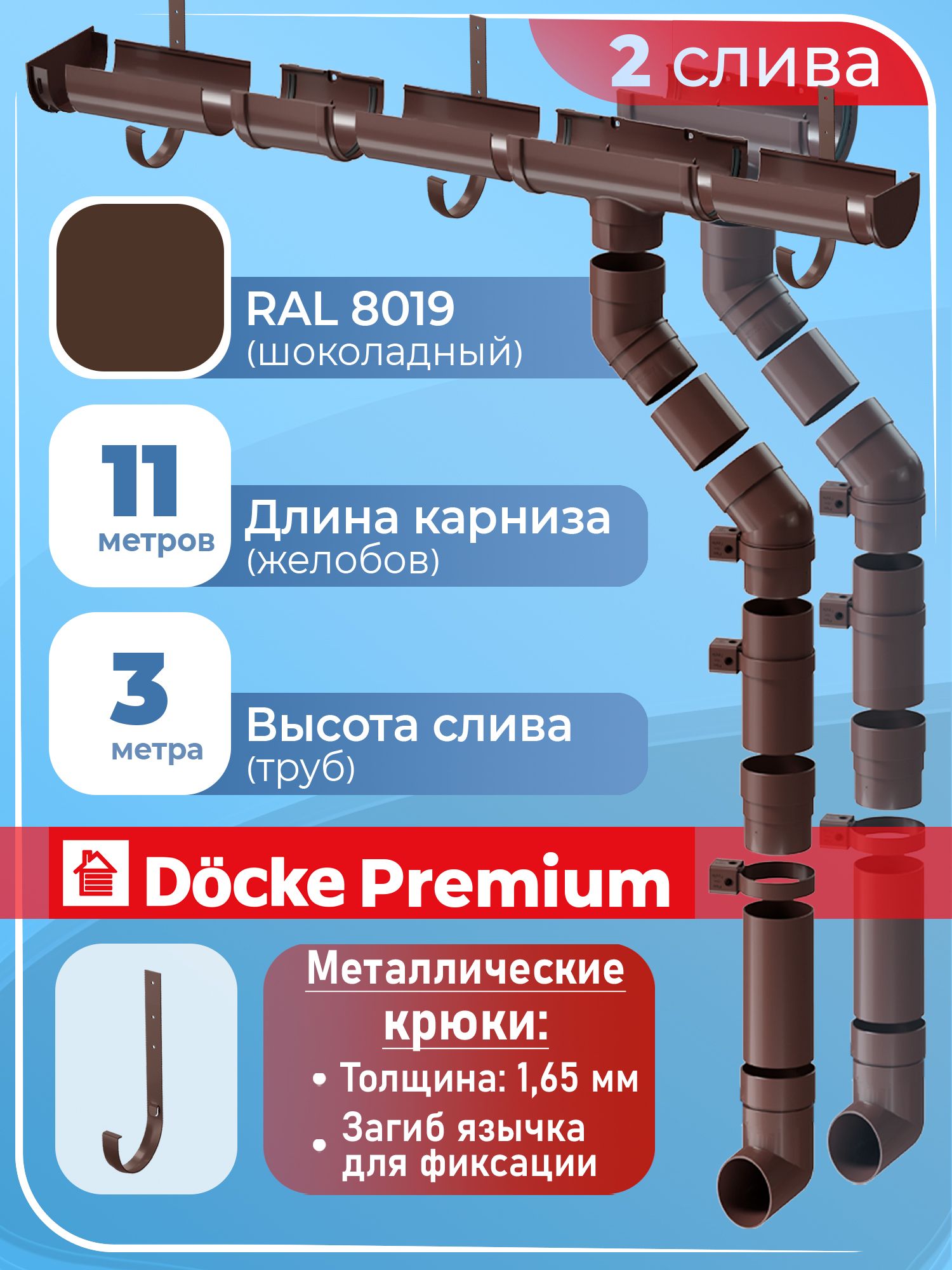 Водосток Деке Премиум + саморезы 11 м 2 слива (1,5 + 1 м) RAL 8019 водосточная система для крыши ПВХ 120/85 мм (шоколад) комплект элементов с металлическими крюками для кровли Docke Premium