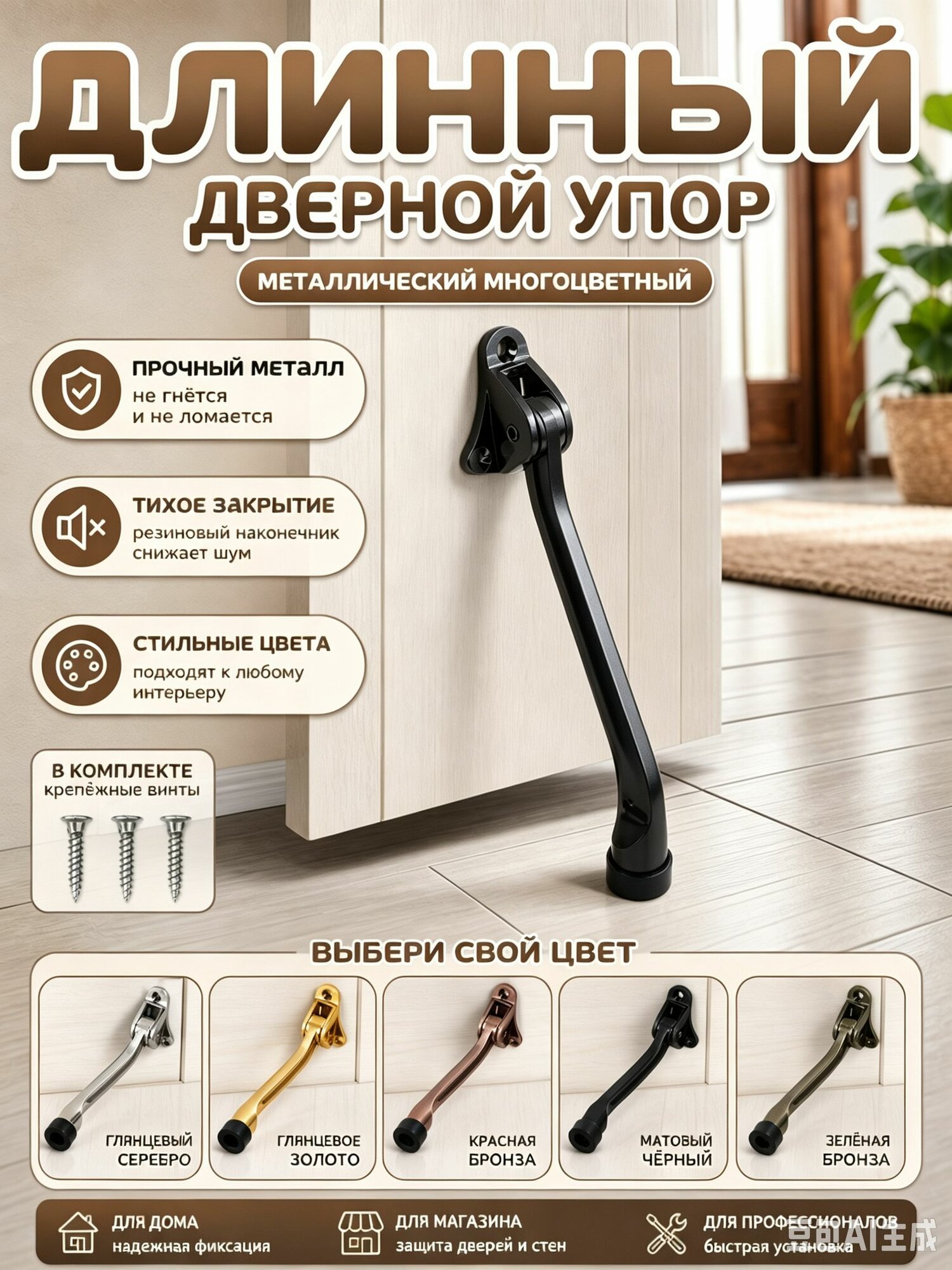 Фиксатор дверной откидной (чёрный) DORF КН-150 Козья ножка, хром
