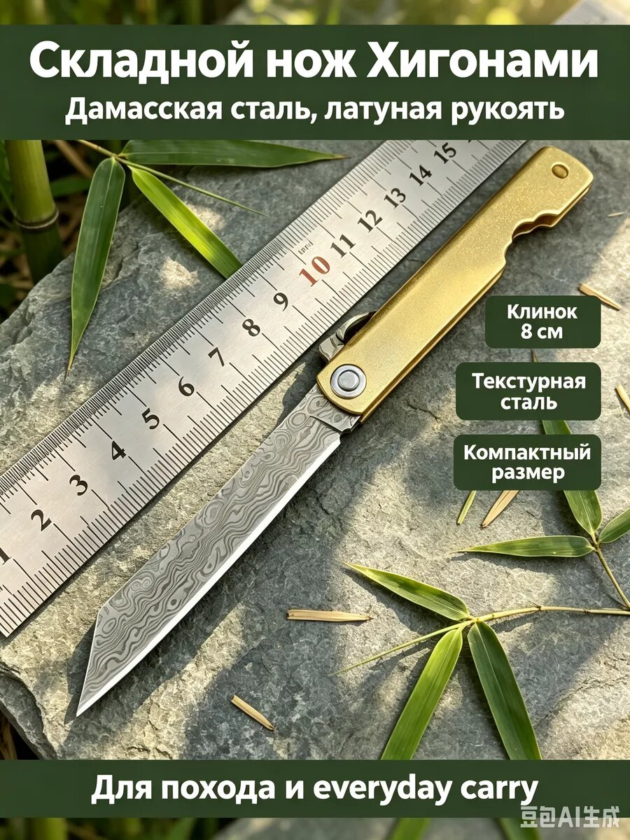 Японский Складной Нож, Дамасская Сталь, Медная Рукоять, Карм