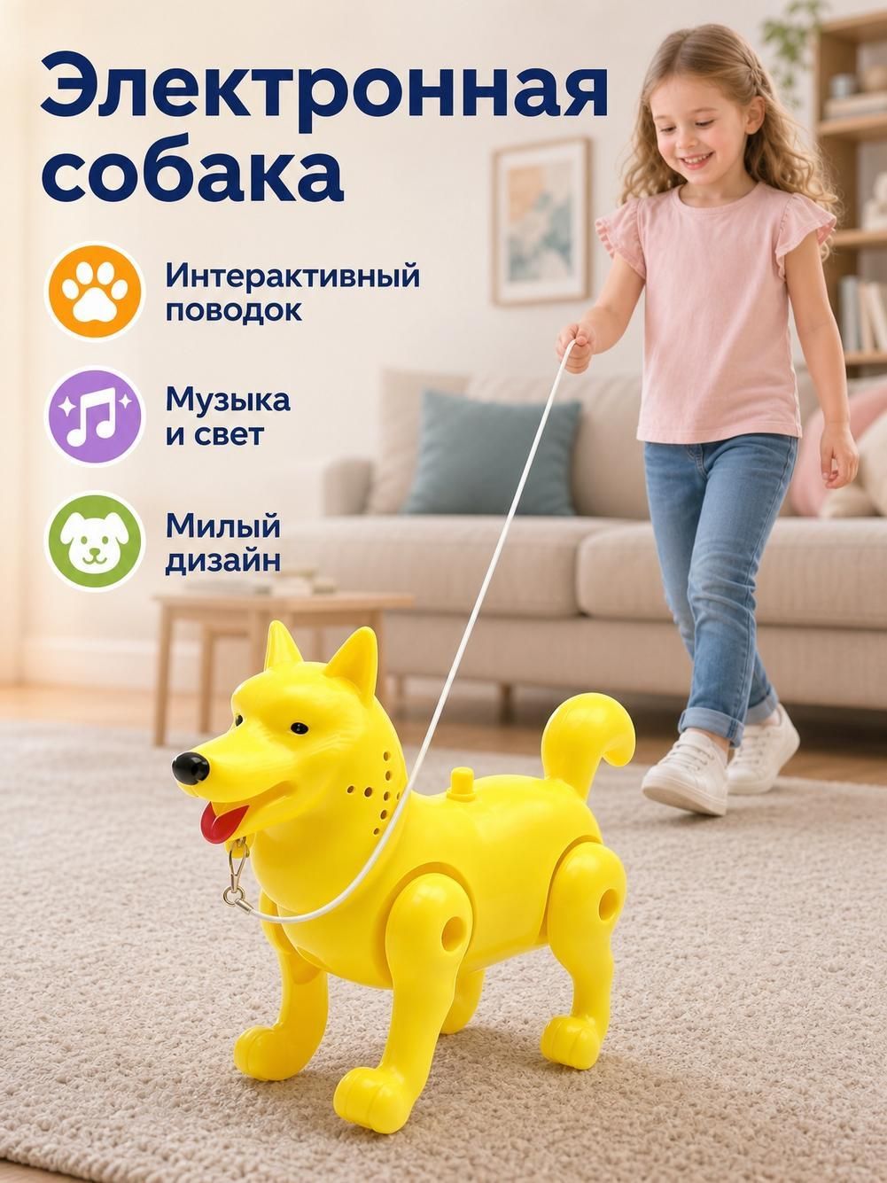 Интерактивная игрушка в виде собаки, белая, со светом и звуком