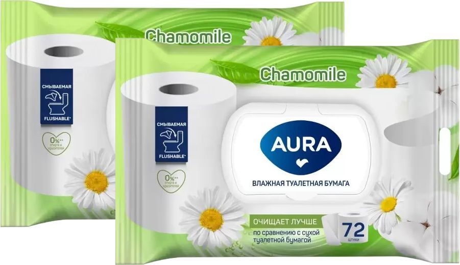 Влажная туалетная бумага Aura Nice! ромашка, комплект: 2 упаковки по 72 шт