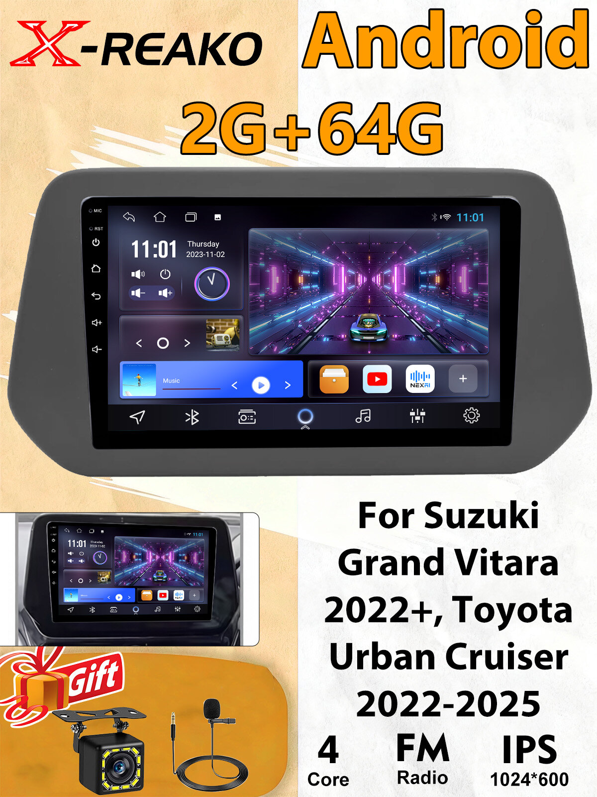 Магнитола для Suzuki Grand Vitara 2022+, Toyota Urban Cruiser 2022-2025 экран 9 дюймов Андроид wifi Bluetooth GPS
