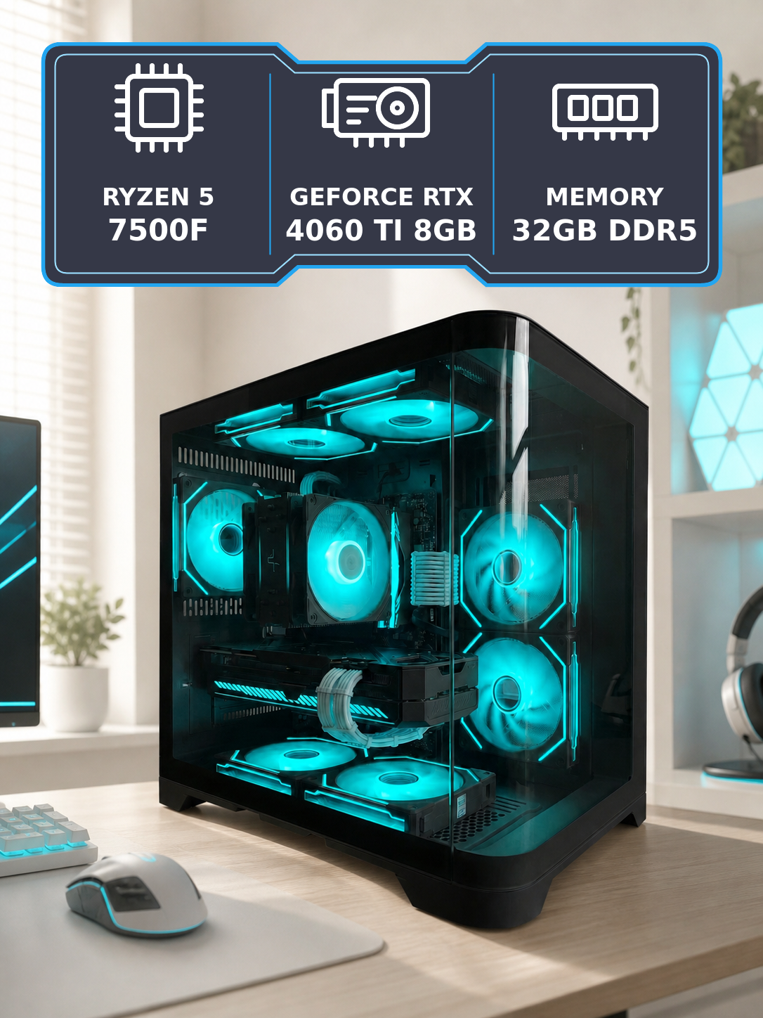 Мощный игровой компьютер RYZEN 7500F / RTX4060 Ti /DDR5 32GB/ 1.5TB SSD m.2/750W/Win 10 PRO