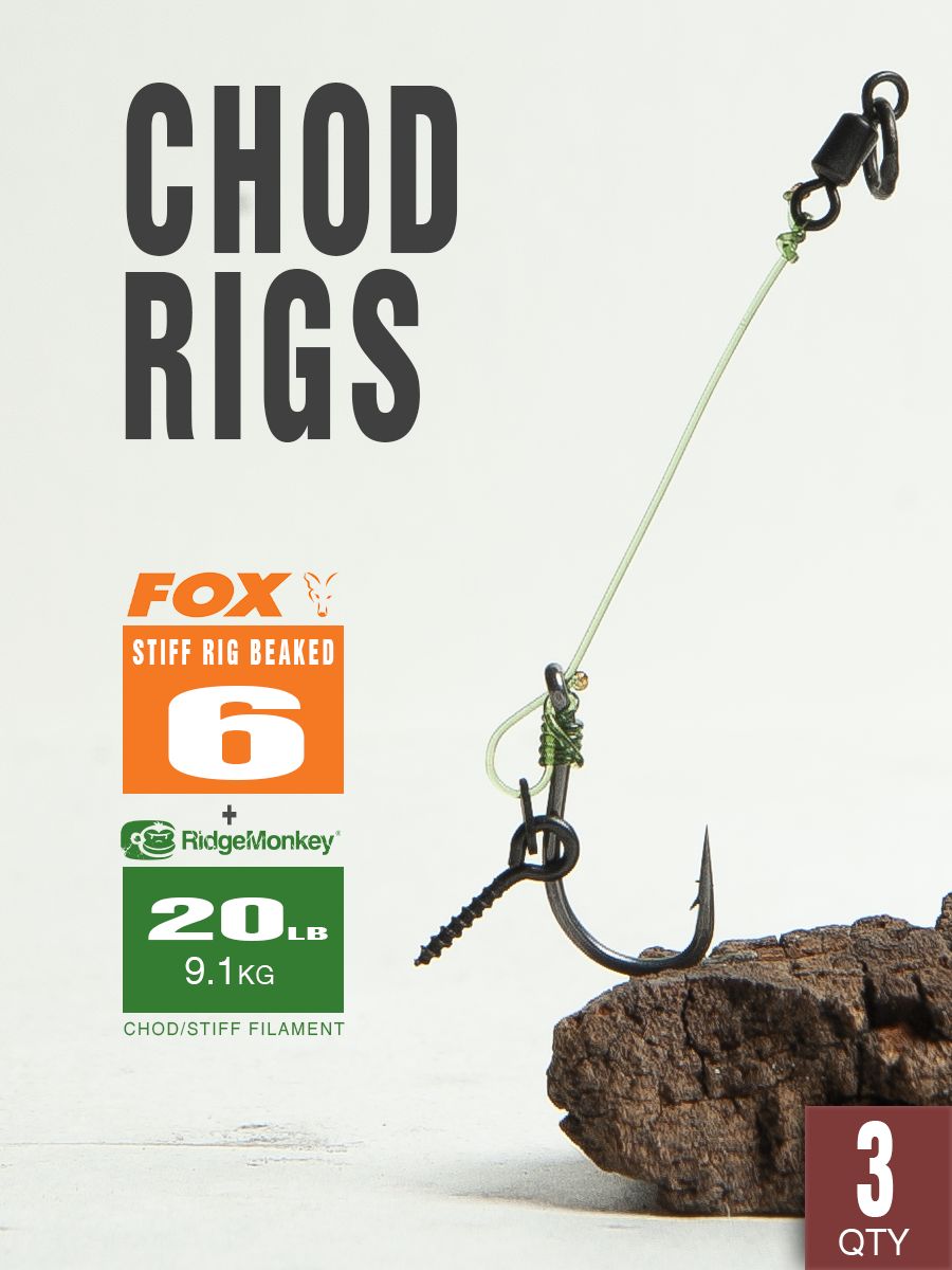 Готовый карповый поводок Chod Rig RidgeMonkey Stiffy 20 lb, крючок FOX №6, 3 шт