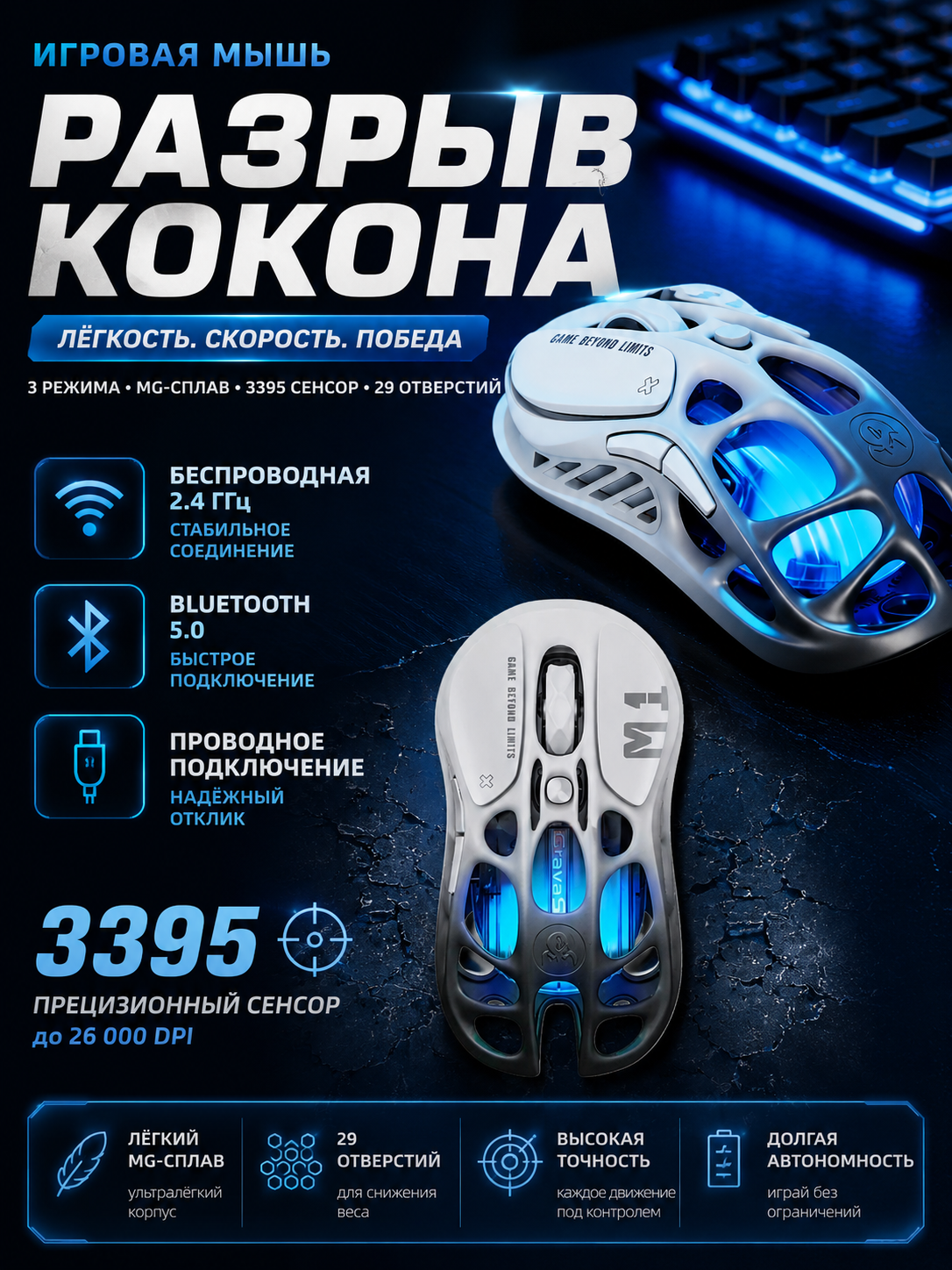 Игровая мышь Gravastar Mercury M1, трехрежимное подключение, оптический лазер, градиентный черный