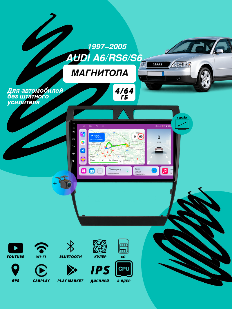 Магнитола Audi A6/RS6/S6 (1997–2005) 4Гб+64Гб/Android/CarPlay/Wi-Fi/Bluetooth