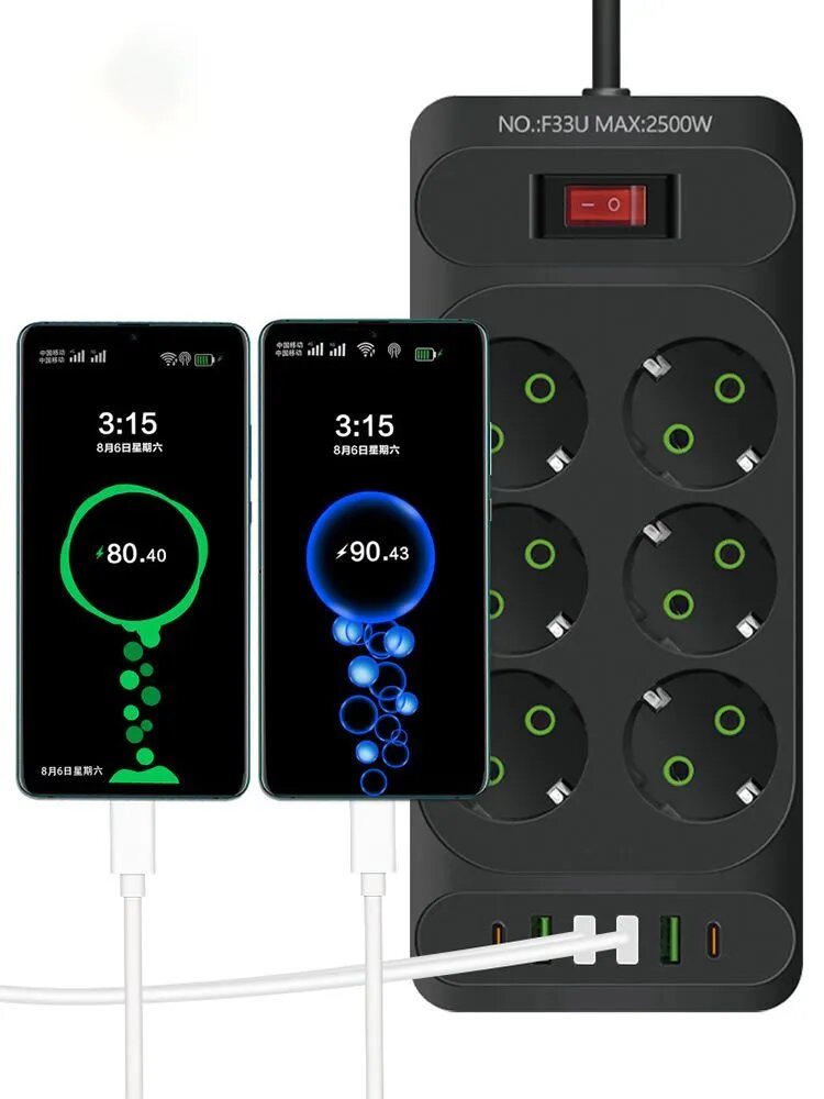 Удлинитель Сетевой,6 Розетки, Сетевой Фильтр С 4 Usb И 2 Type-C, Кабель 2 Метров