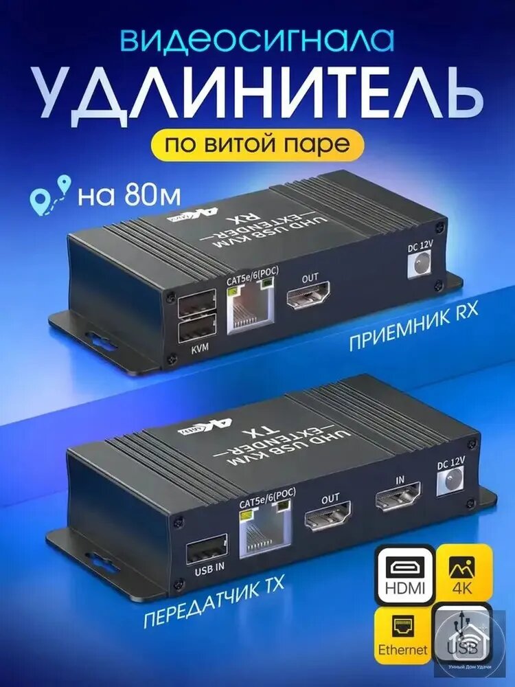Удлинитель USB и HDMI видео сигнала с портом RJ-45 на 80 метров по витой паре высокого разрешения